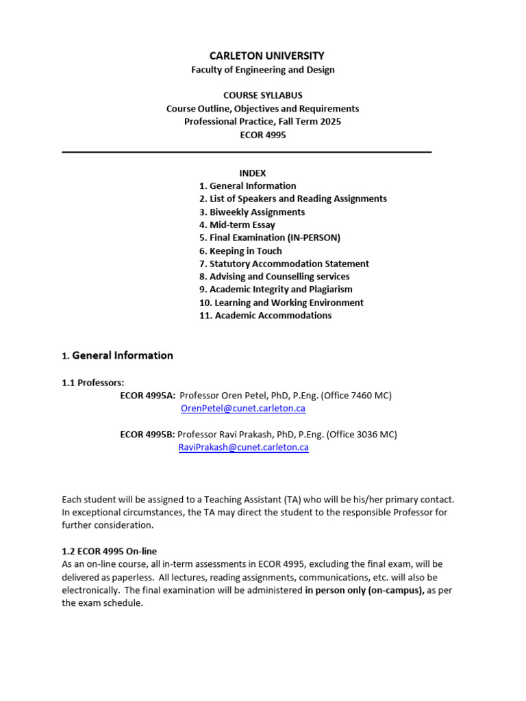 ECOR 4995 Professional Practice Syllabus | PDF | Engineering | Academic ...
