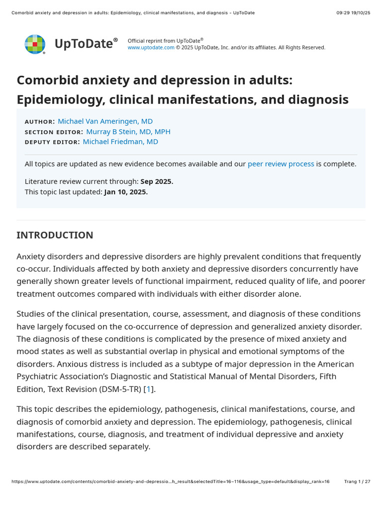 Comorbid Anxiety and Depression in Adults: Epidemiology, Clinical ...