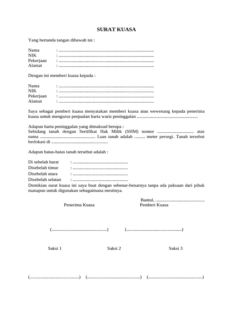 Surat Kuasa Penjualan Harta Waris | PDF