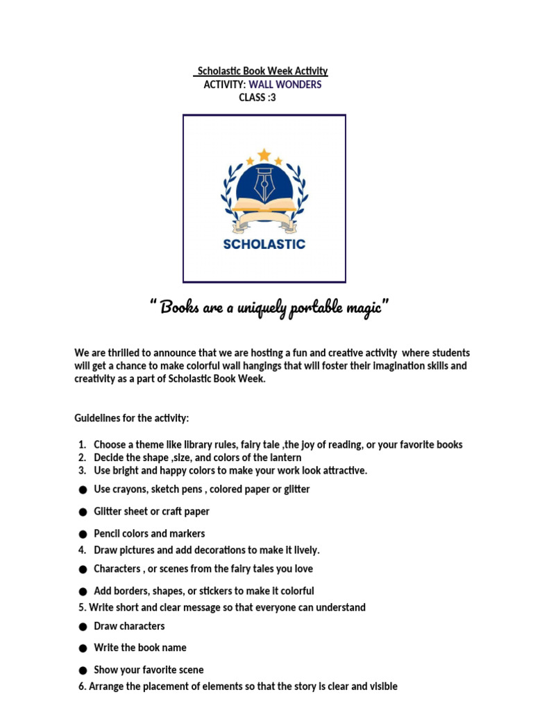 CLASS 3 Scholastic Book Week Activity | PDF