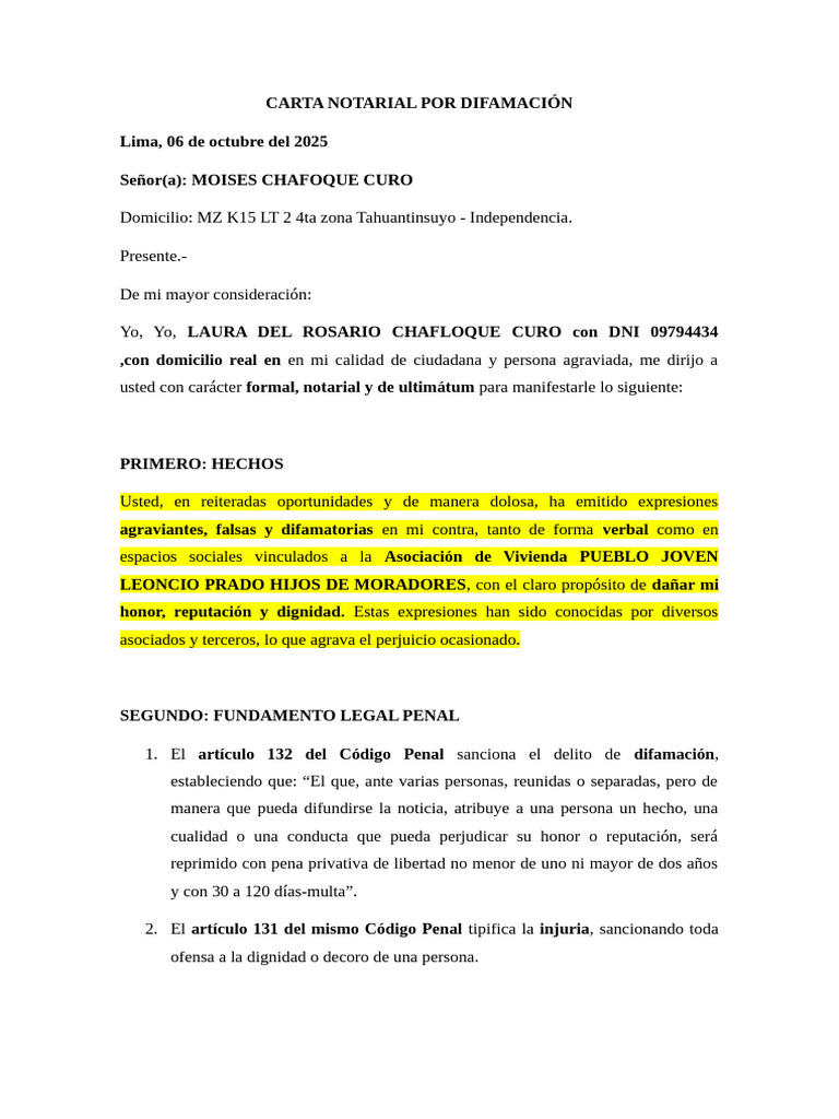 Carta Notarial por Difamación en Perú | PDF | Daños y perjuicios | Queja