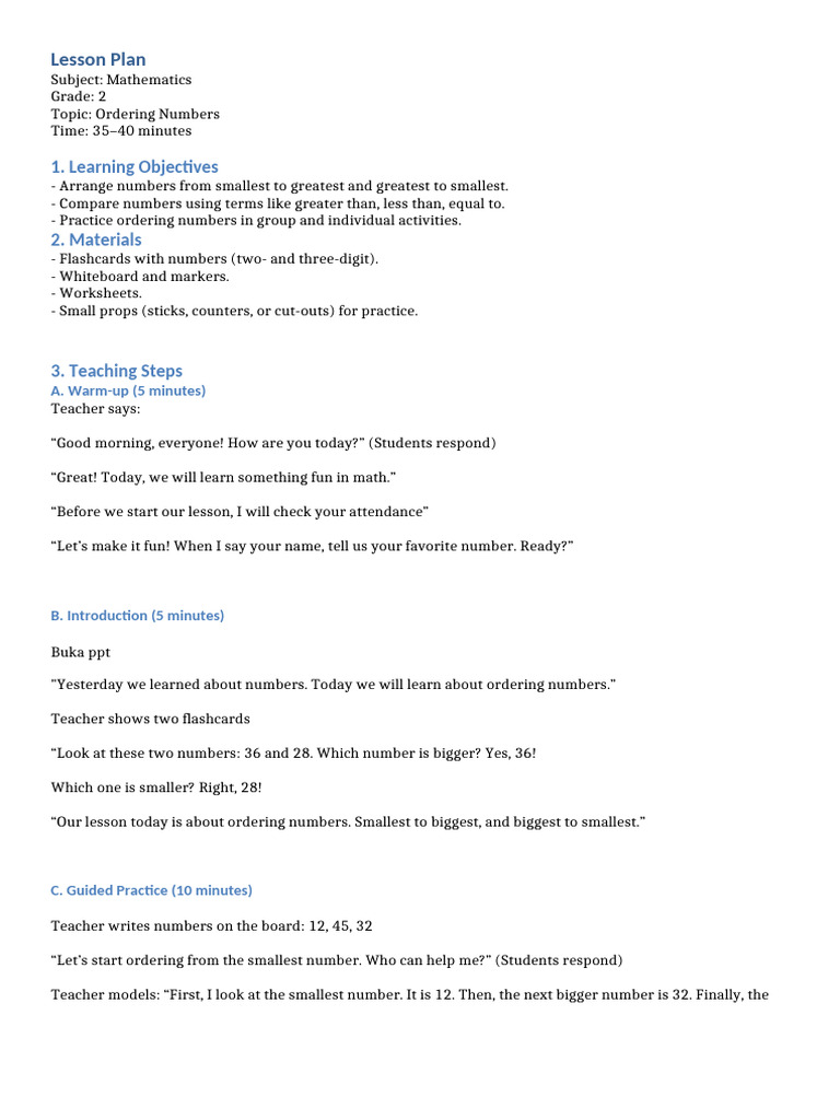 Grade 2 Ordering Numbers Lesson Plan | PDF | Learning | Teaching