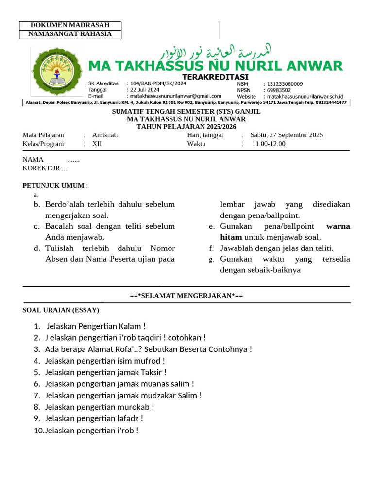 Soal STS Amtsilati Kelas XII dan XI | PDF