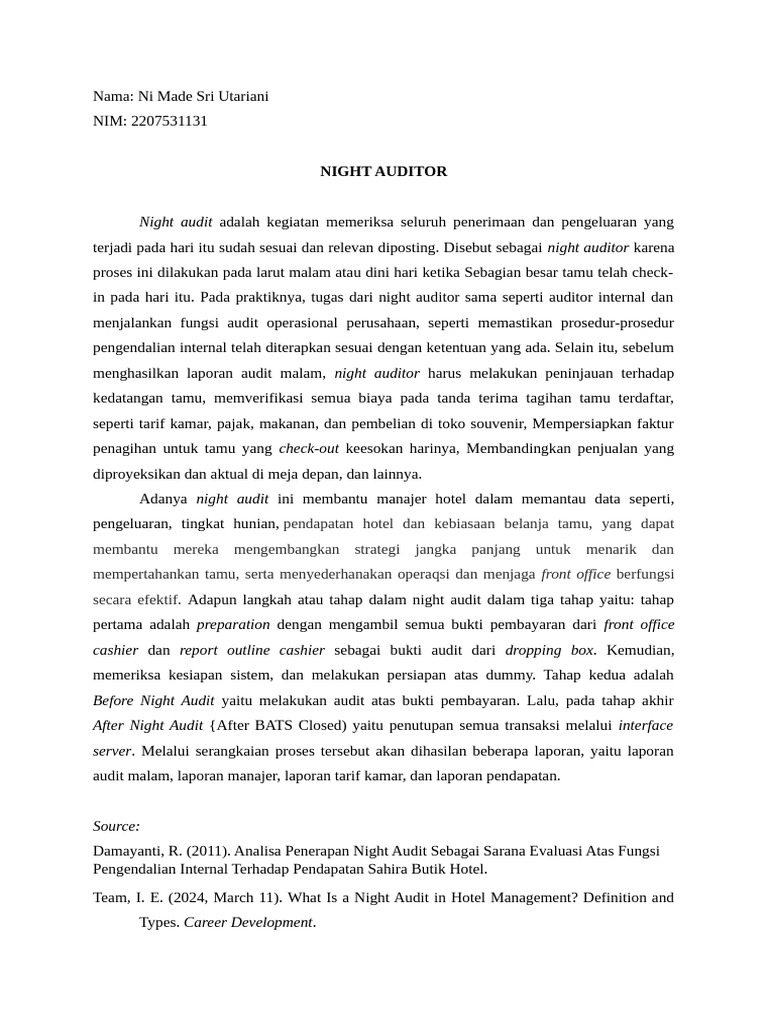 Proses dan Fungsi Night Auditor Hotel | PDF
