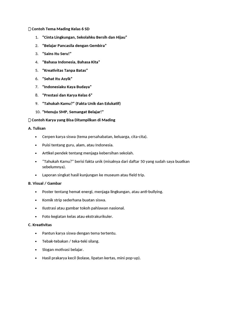 Tema dan Contoh Mading Kelas 6 SD | PDF