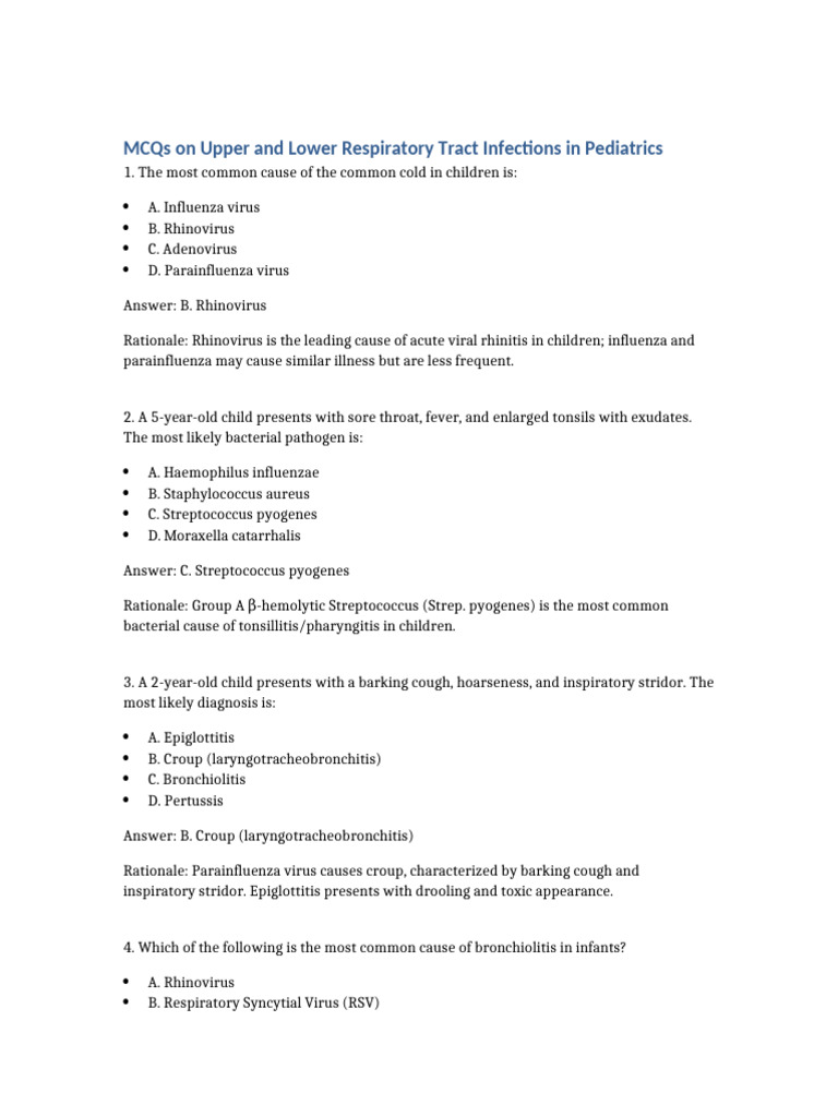 Pediatric Respiratory Infection MCQs | PDF | Pneumonia | Respiratory ...