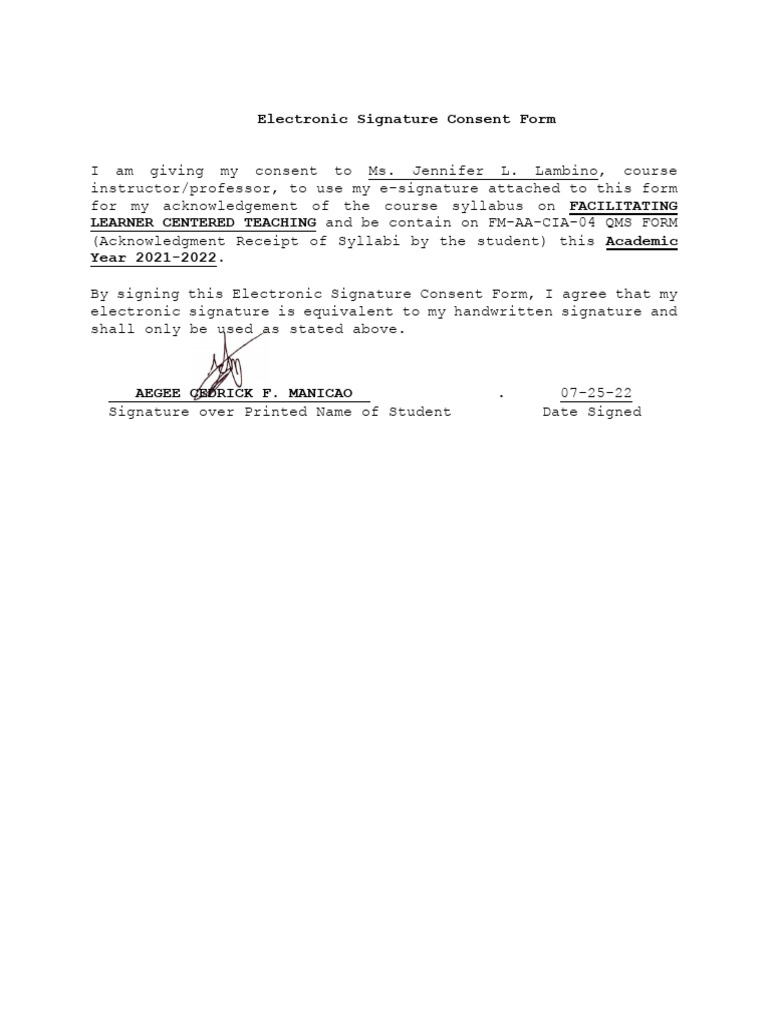Electronic Signature Consent Form MANICAO | PDF