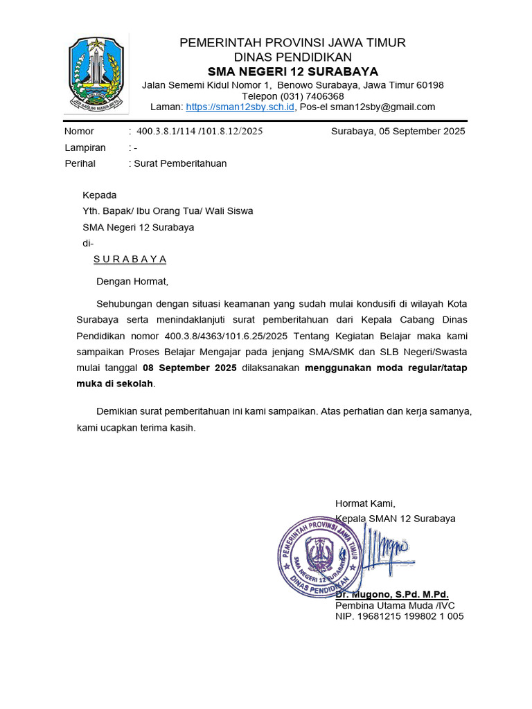 Surat Edaran Masuk Pasca Demo | PDF