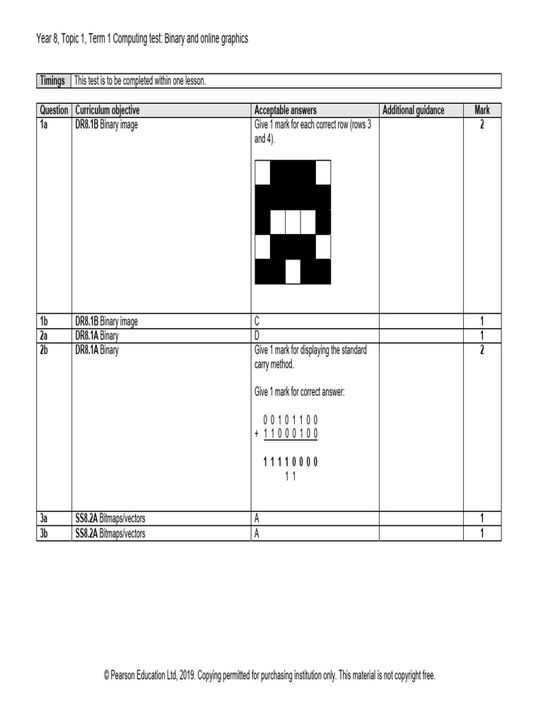 Year 8 Computing Test: Binary Graphics | PDF | Graphic Design | Computing