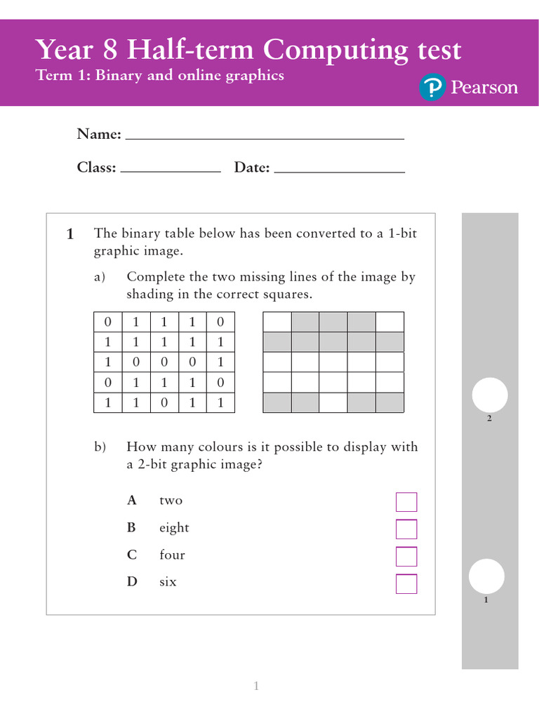 Year 8 Computing Test: Binary & Graphics | PDF | Graphic Design | Graphics