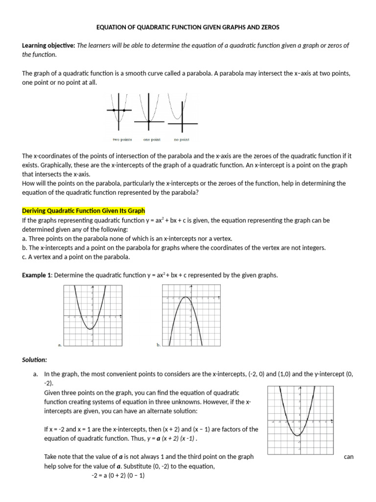 Deriving Quadratic Equations from Graphs | PDF | Quadratic Equation ...
