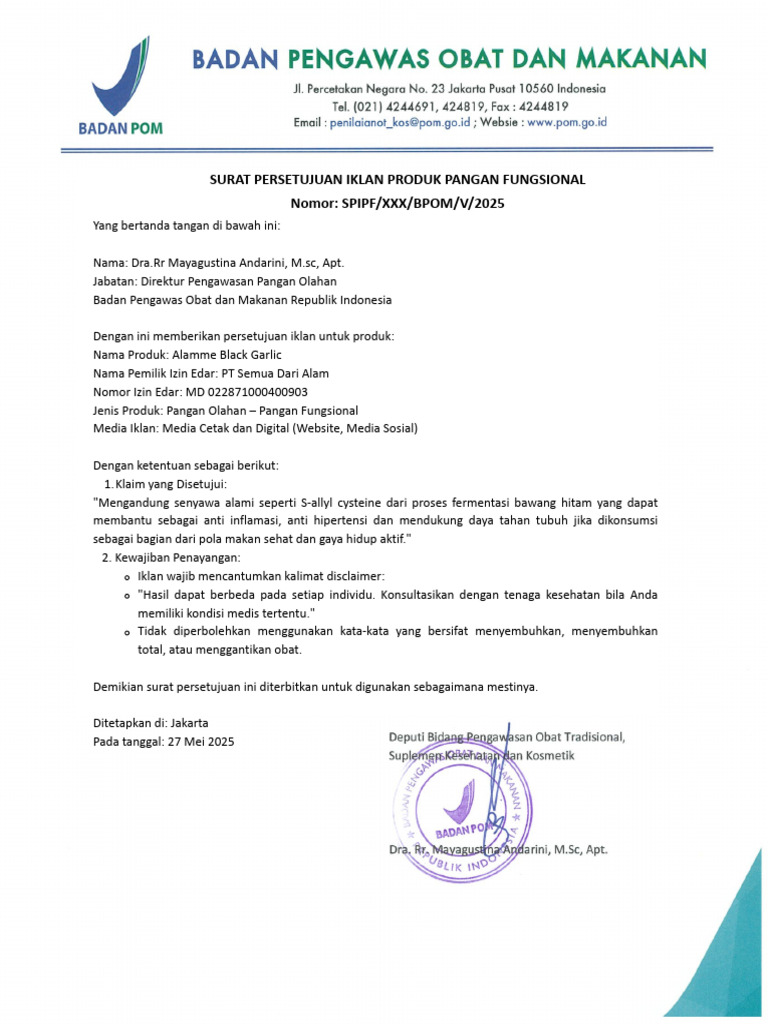 Persetujuan Iklan Alamme Black Garlic | PDF