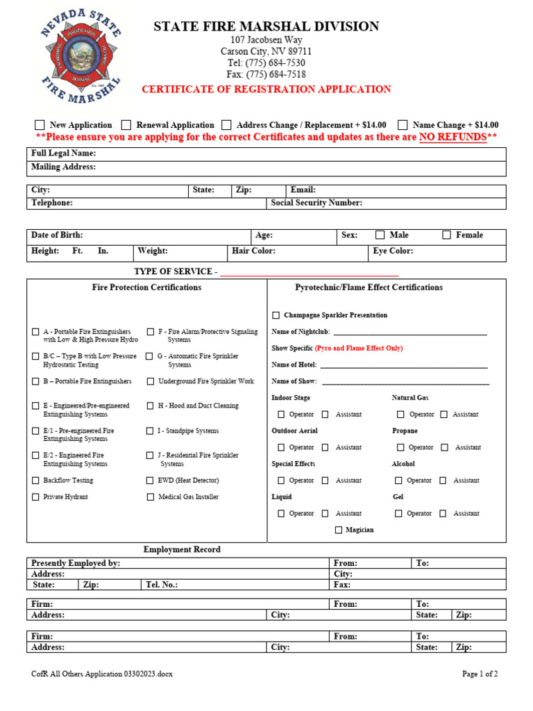 Nevada Fire Marshal Registration Application | PDF | Fires