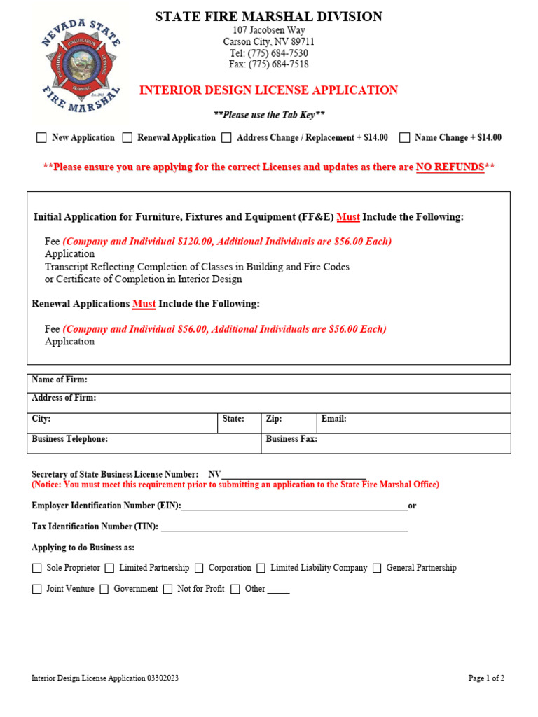 Nevada Interior Design License Application | PDF | Business | Partnership