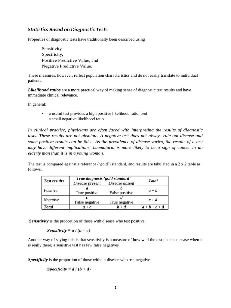 Understanding Diagnostic Test Statistics | PDF | Sensitivity And ...