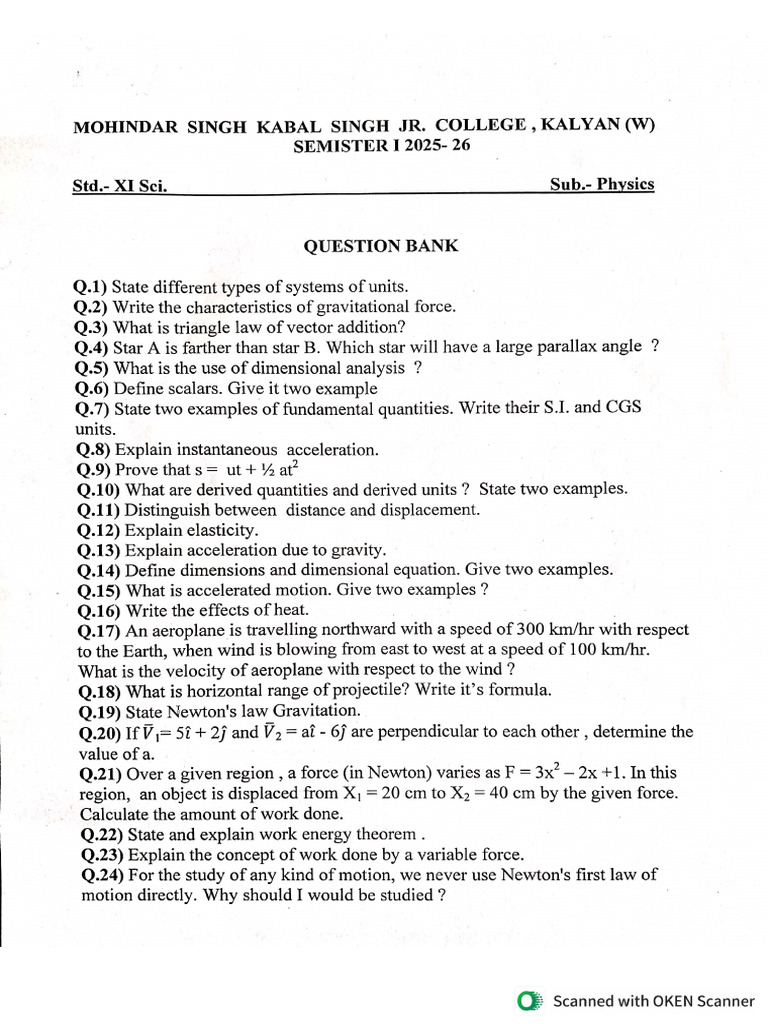 11 Sci. Ist Sem. Physics Question Bank | PDF