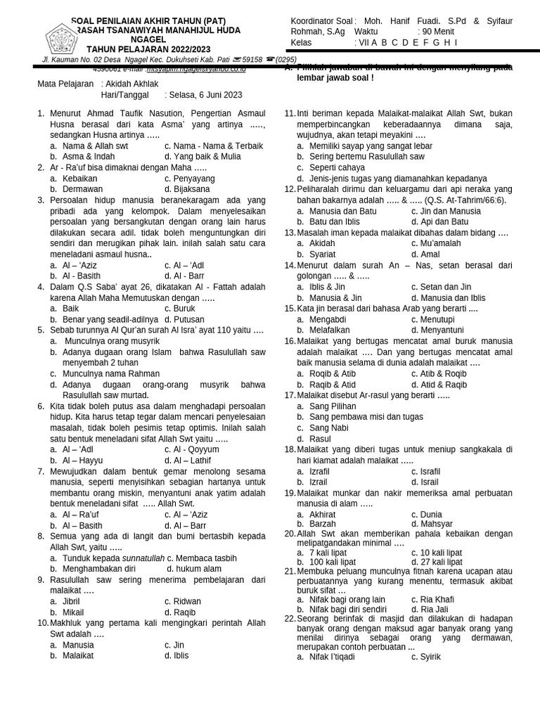 Soal Akidah Akhlak KLS 7 PHB Genap 2023 | PDF
