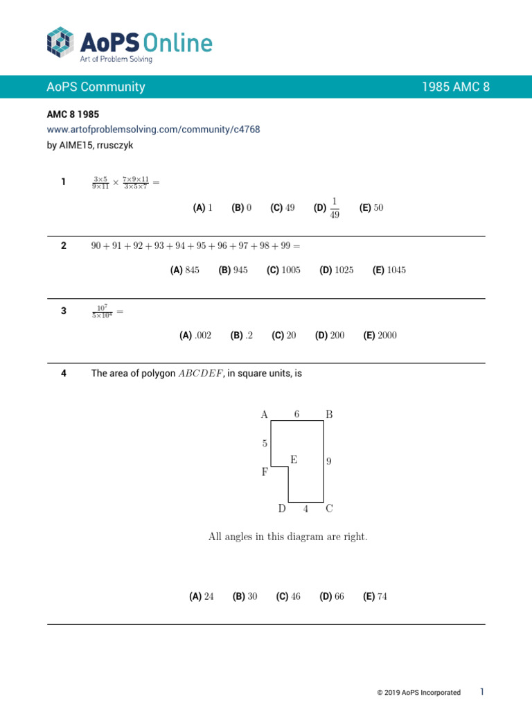 1985 AMC 8 Math Problems and Solutions | PDF | Area | Average