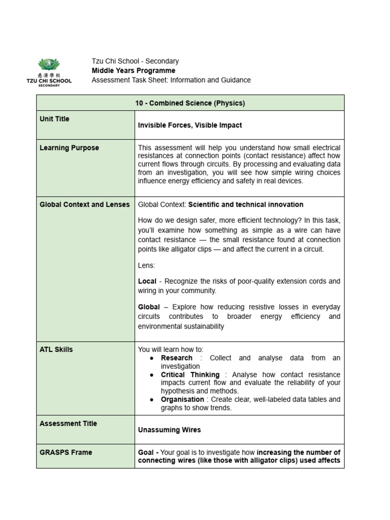 10-Physics Task Sheet Criterion C - Unassuming Wires T1 | PDF | Evidence | Evaluation