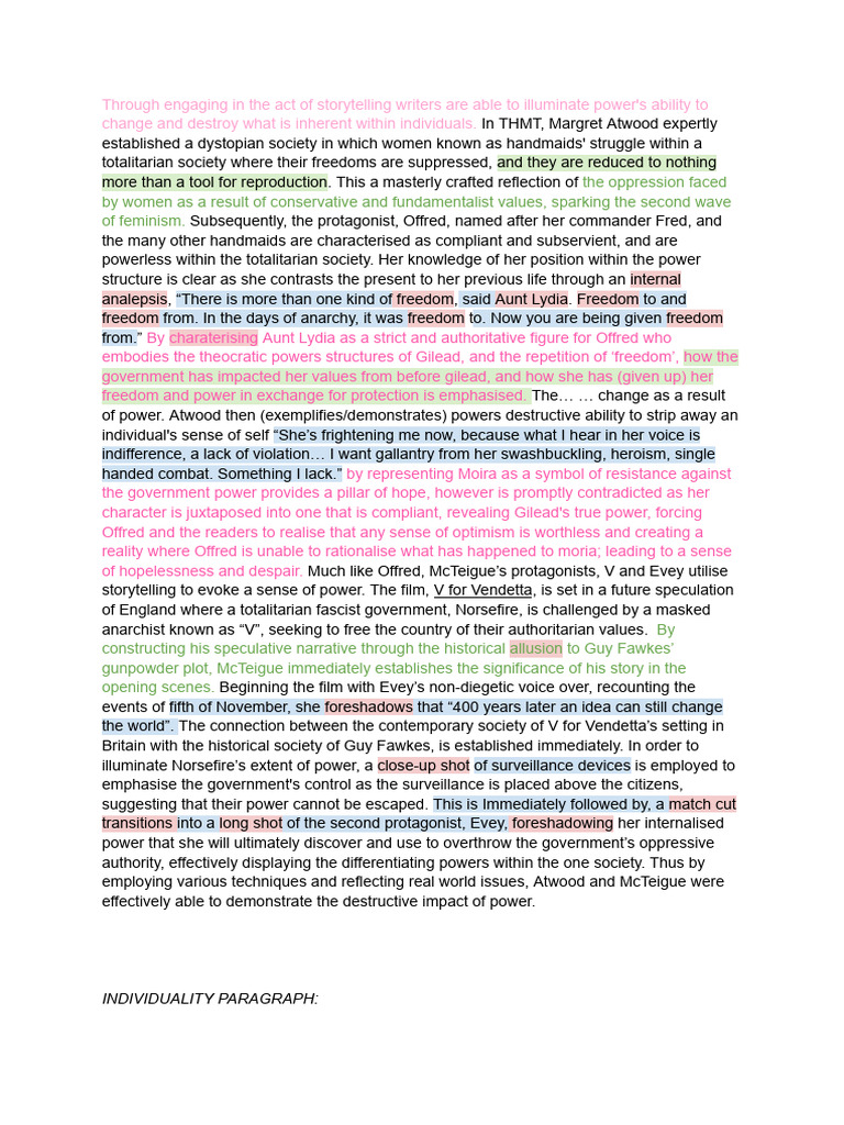 Handmaids Tale and V For Vendetta Comparitive Essay | PDF