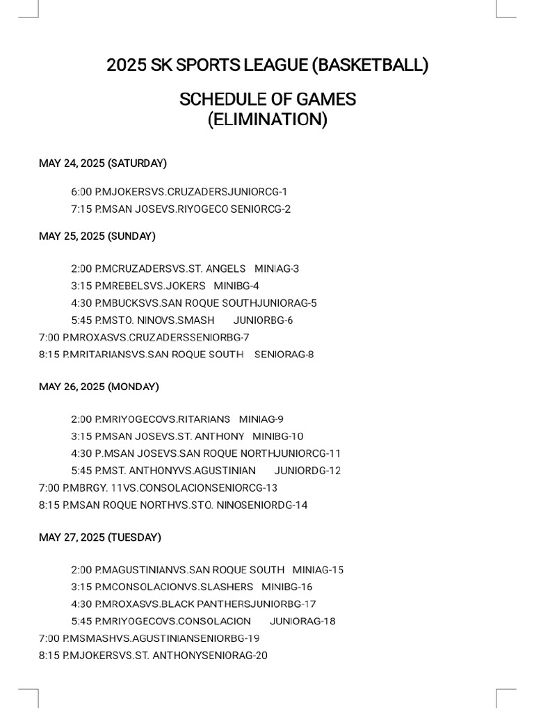 2025 SK Sports League Schedule of Games | PDF
