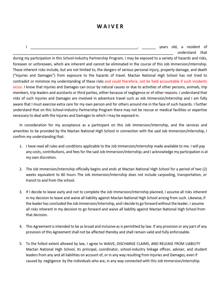 Job Immersion Waiver With Changes | PDF | Damages | Legal Liability