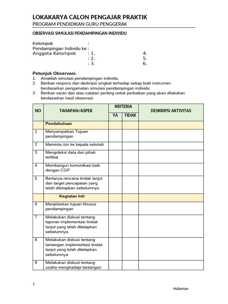 Instrumen Observasi Simulasi PI 2 | PDF