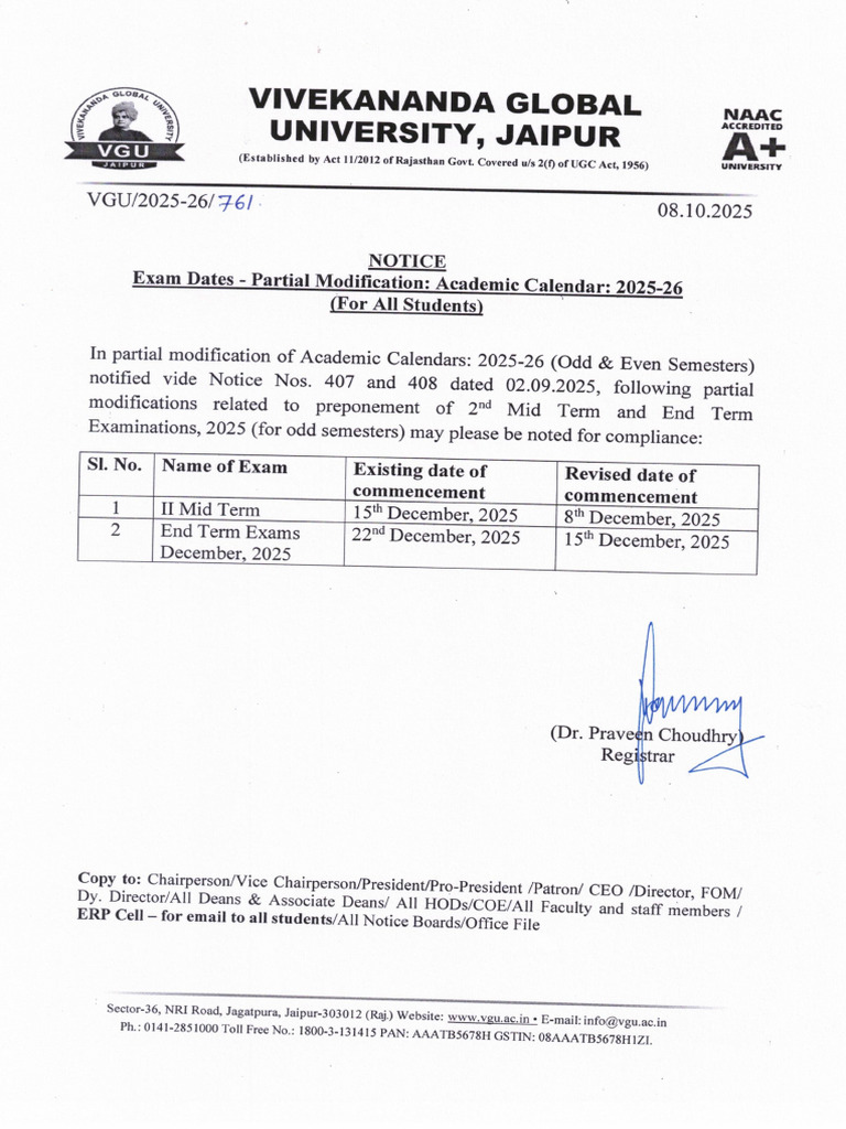 NOTICE-761 Revised Exam Dates | PDF