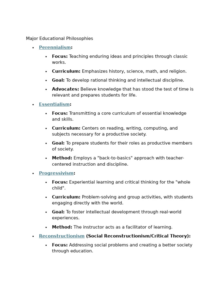 Overview of Major Educational Philosophies | PDF | Learning | Curriculum