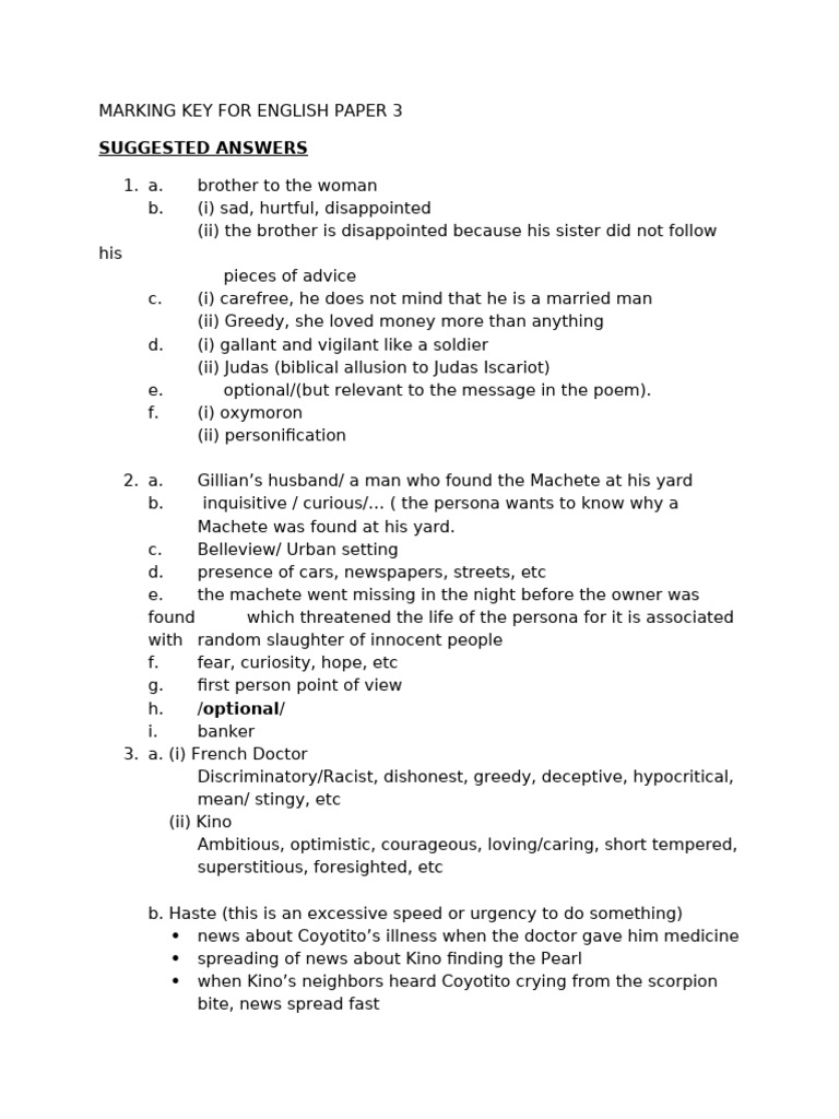Marking Key For English Paper 3 | PDF