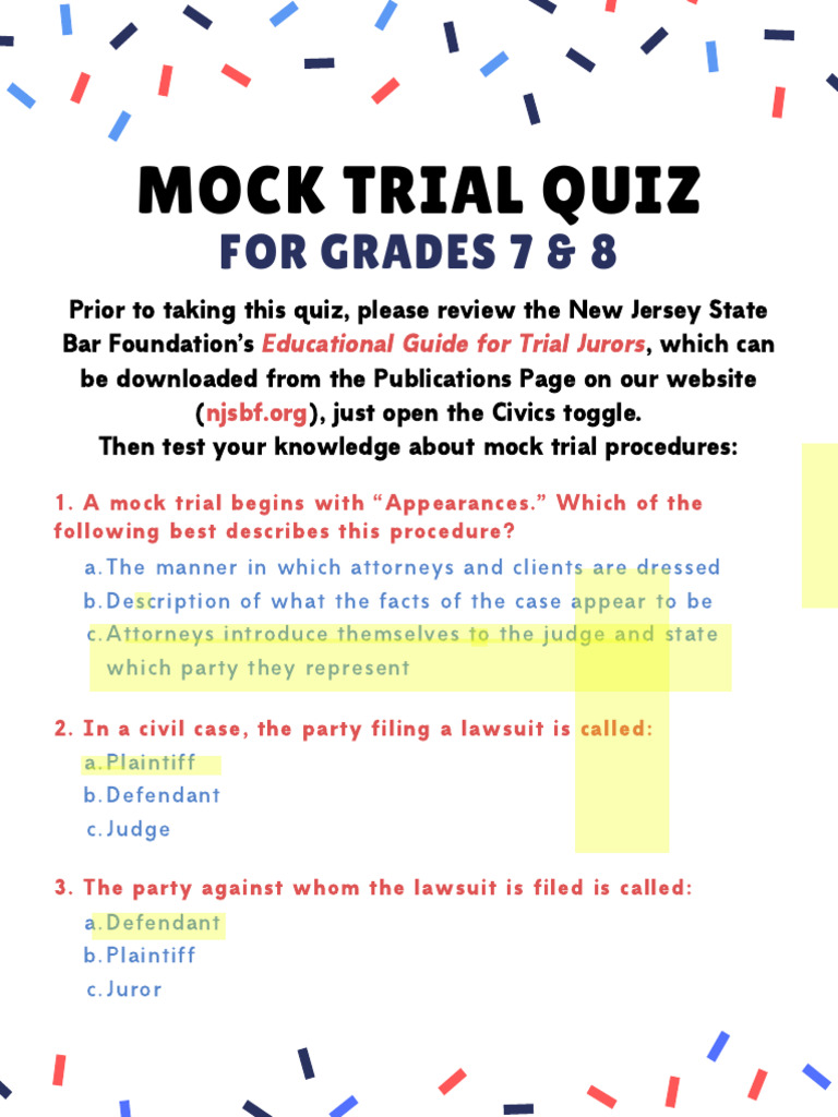 Mock Trial Quiz For Grades 7 8 | PDF | Trials | Witness
