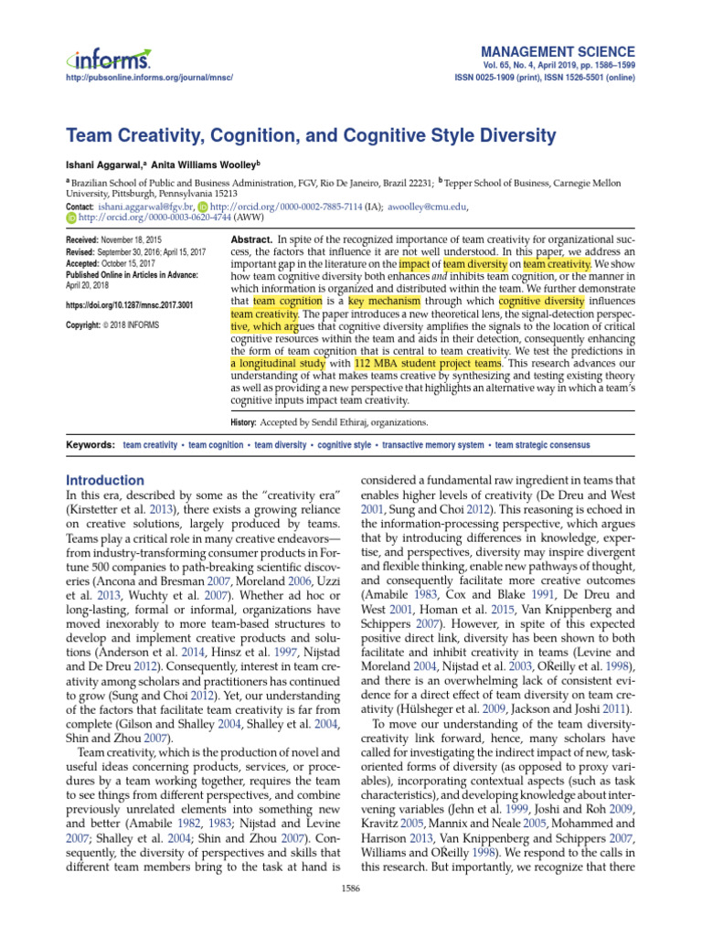 07 Team Creativity, Cognition, and Cognitive Style Diversity. MS. 2019 ...
