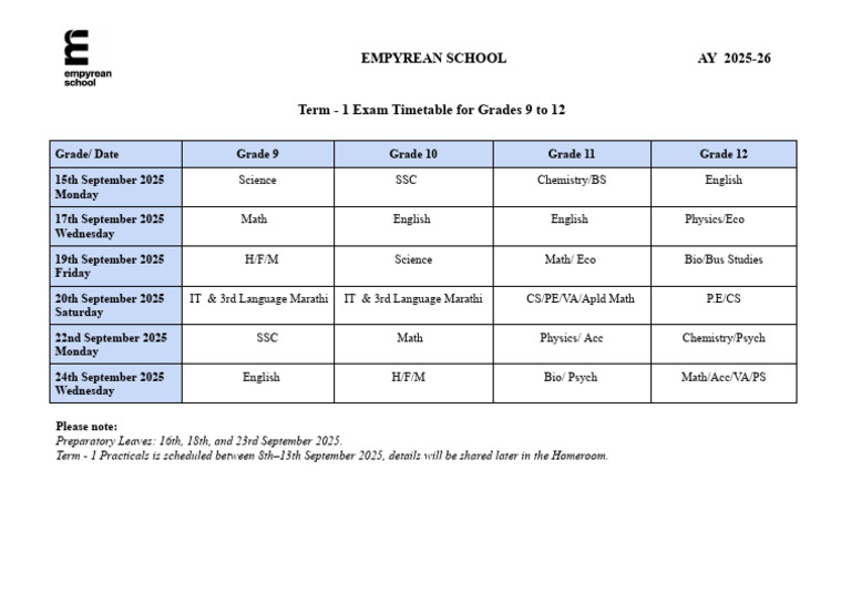 Gr9 To 12 - Term-1 - Exam Timetable | PDF