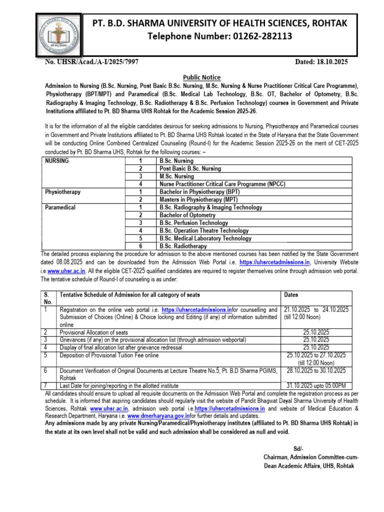 Public Notice For Admission To Nursing, Physiotherapy and Paramedical ...