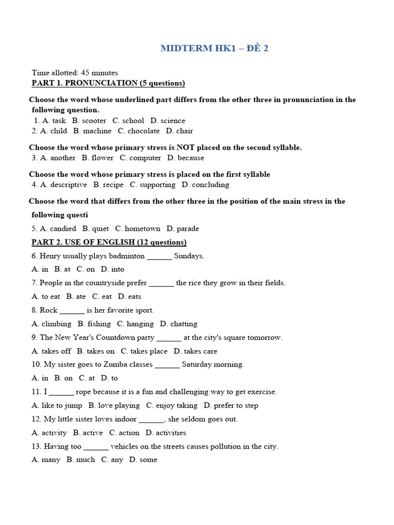 Midterm Exam HK1: English Skills Test | PDF
