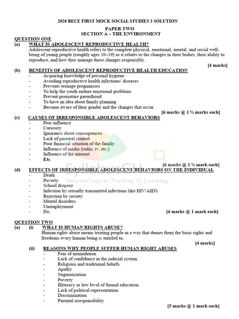 2026 BECE Social Studies Mock Exam Guide | PDF | Adolescence | Human ...