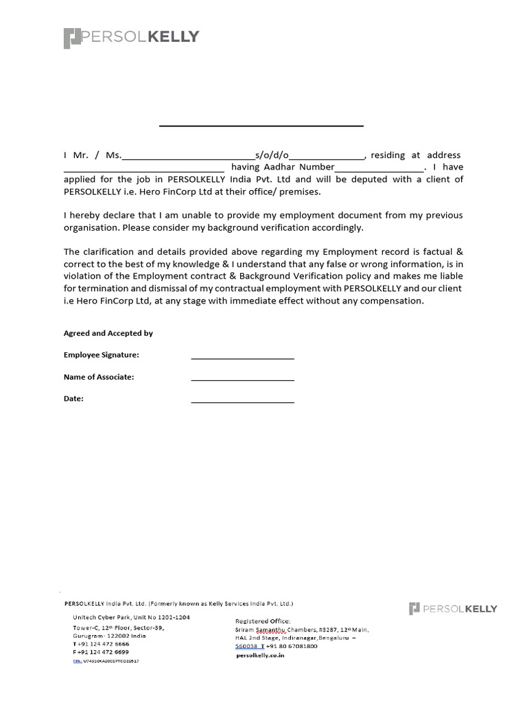Declaration Letter BGV If Not Able To Produce Relieving For EXPERIENCE ...