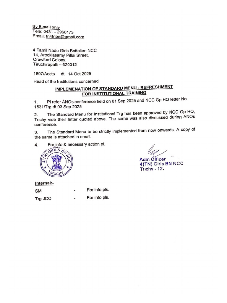 Standard Menu Institutional TRG | PDF