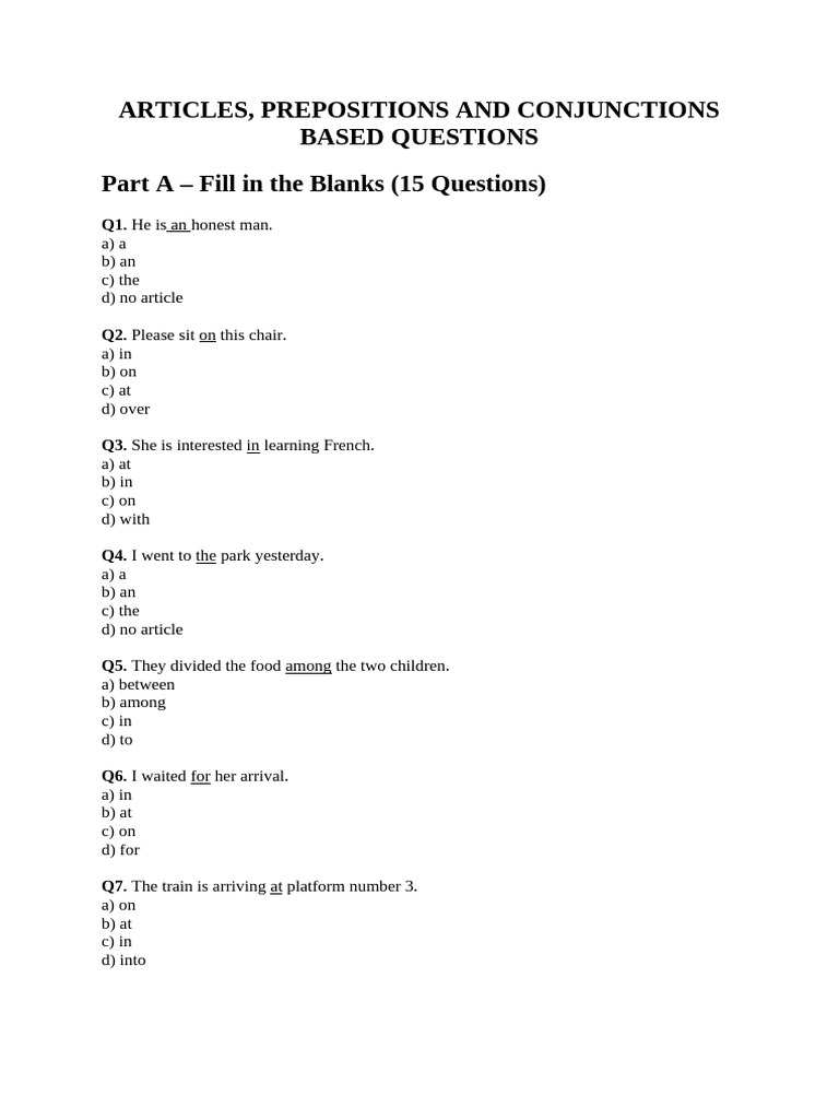 Articles, Prepositions, and Conjunctions Quiz | PDF