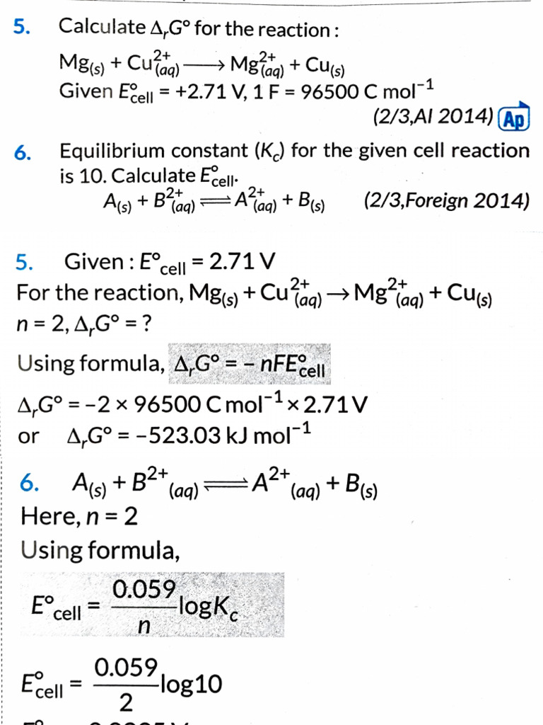 PYQ Numericals of Electrochemistry | PDF