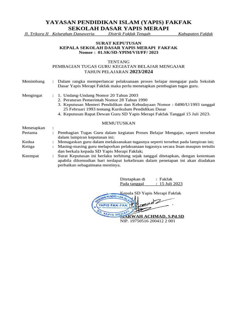 SK Pembagian Tugas 2022-2023 | PDF