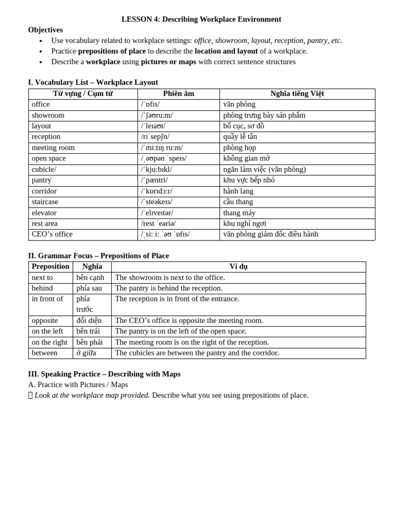 Workplace Environment Vocabulary & Layout | PDF