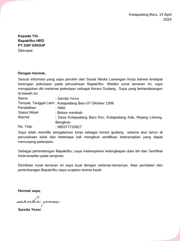 Kepada Yth. Bapakibu Hrd Pt.ssp Group | PDF