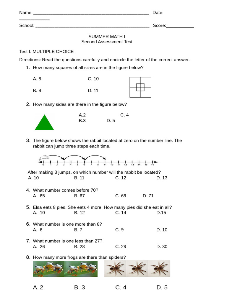 Summer Math I Assessment Test | PDF