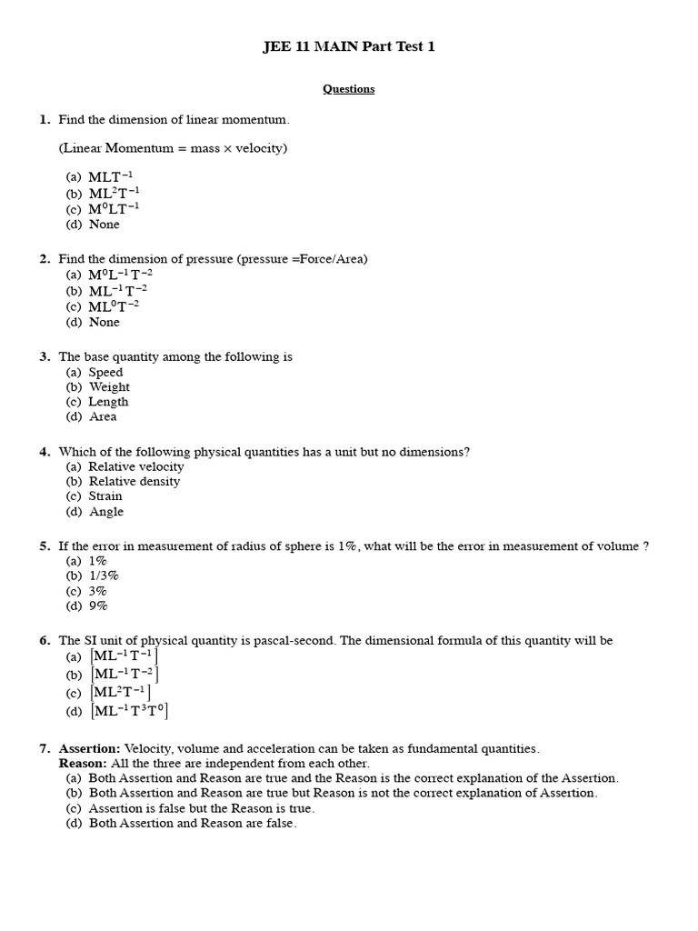 JEE 11 Main Physics Test Questions | PDF | Torque | Mole (Unit)