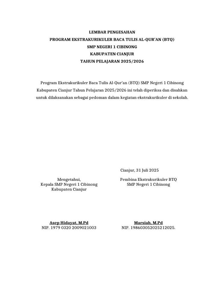 Lembar Pengesahan Program Ekskul BTQ | PDF