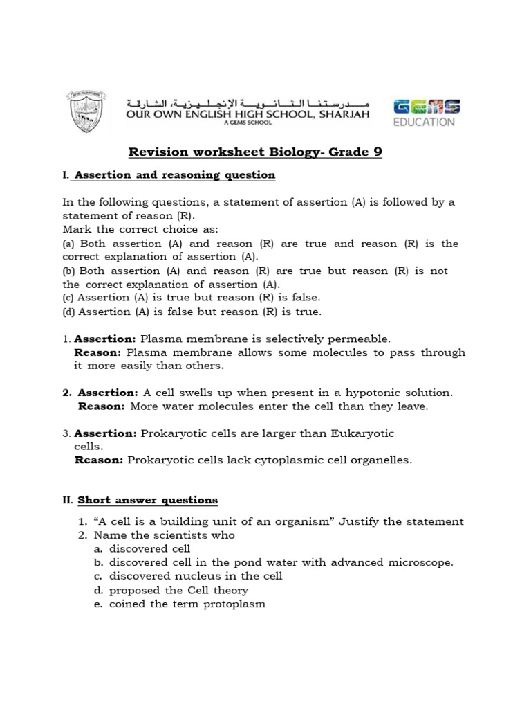 Grade 9 Biology Revision Worksheet | PDF