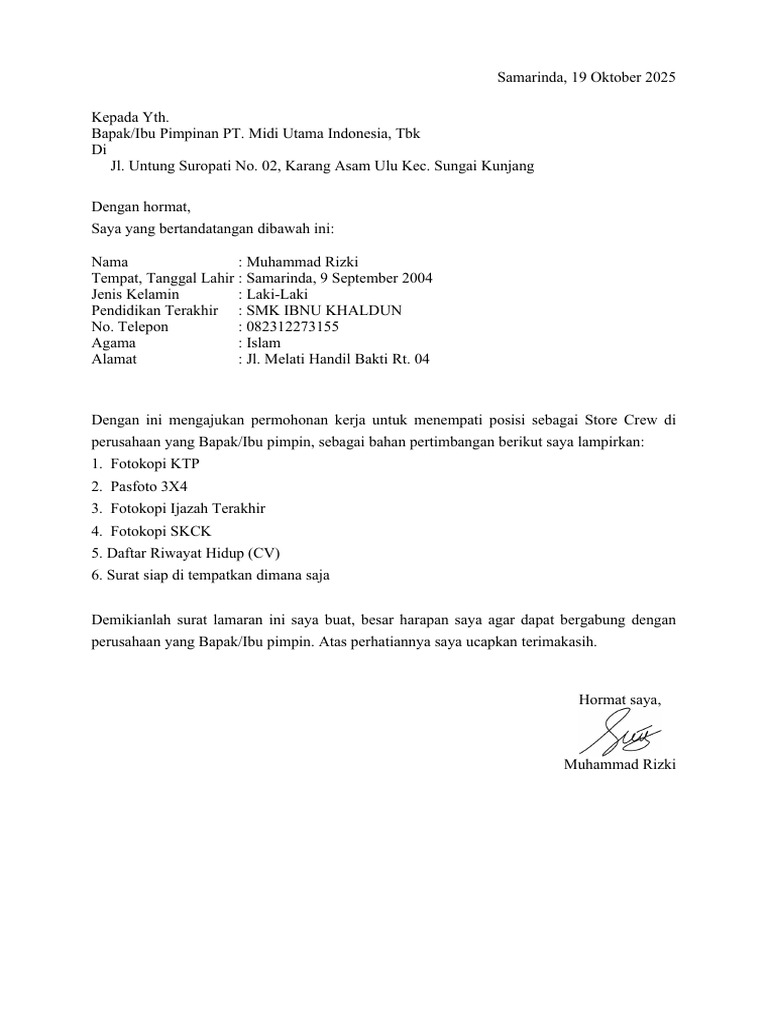 Surat Lamaran Kerja Muhammad Rizki | PDF