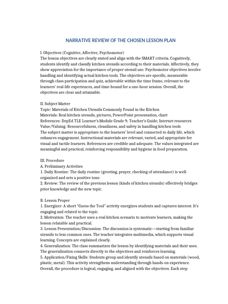 Narrative Review of Chosen Lesson Plan | PDF | Learning | Lesson Plan