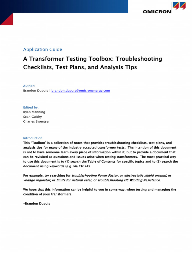 Transformers A Transformer Testing Toolbox Troubleshooting Checklists ...